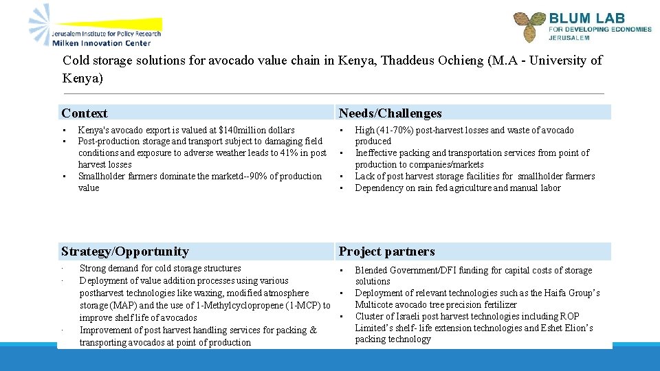 Cold storage solutions for avocado value chain in
