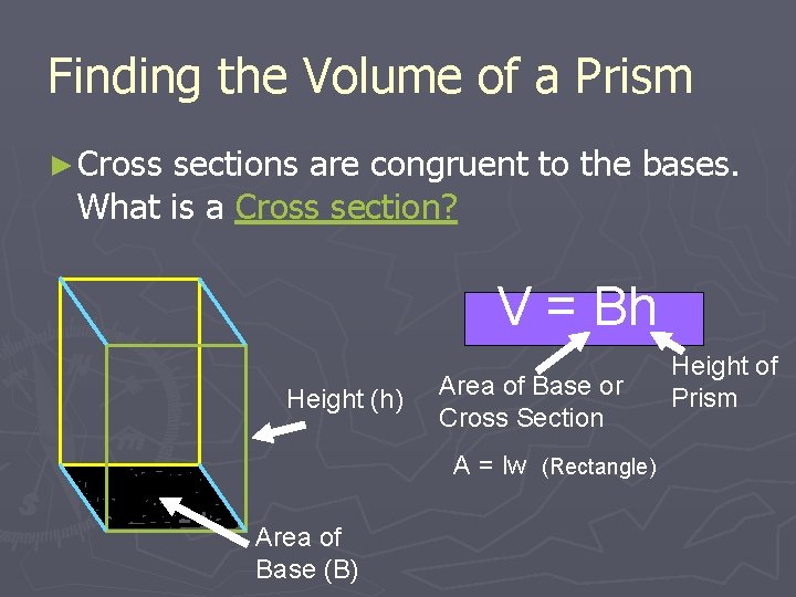 Volumes of Prisms Cylinders Objectives 1 To find