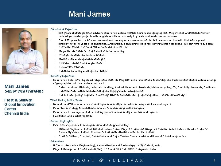 Mani James Functional Expertise 20 years of strategic