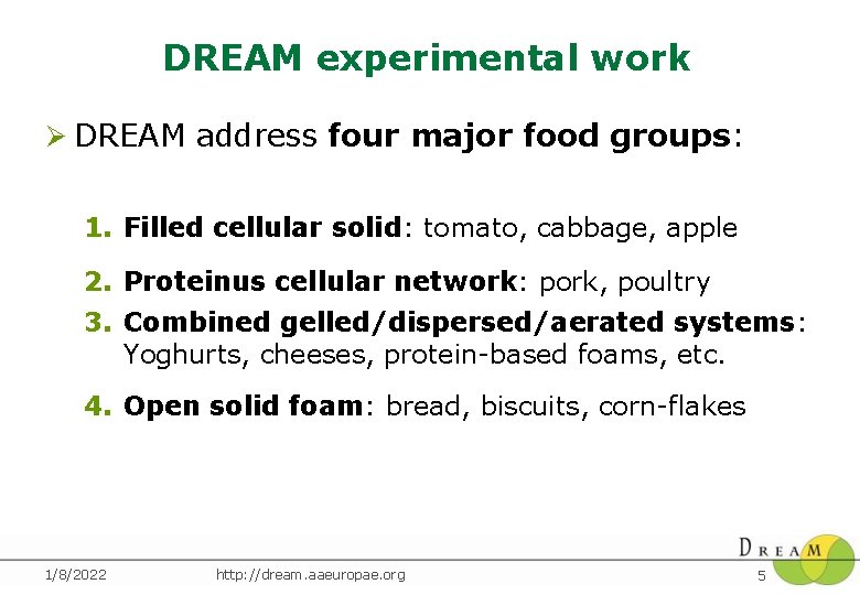 The DREAM food models Design and development of