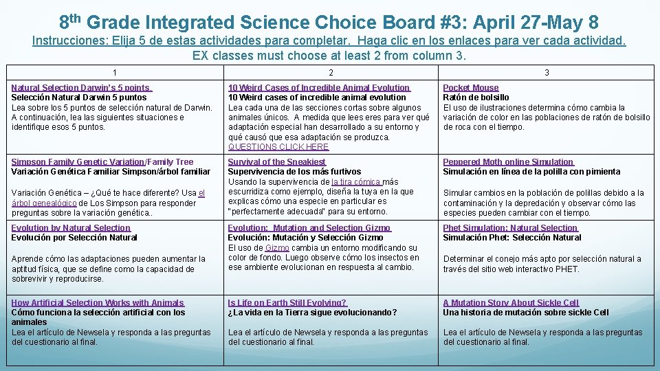 8 th Grade Integrated Science Choice Board 3