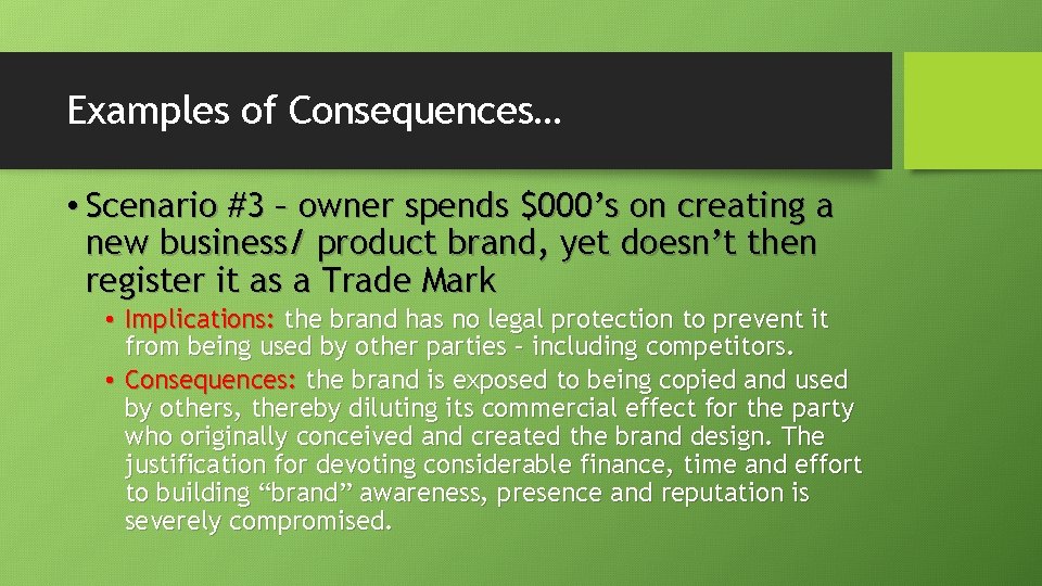 Consequences of Commercial Decisions and Actions Presentation Purpose