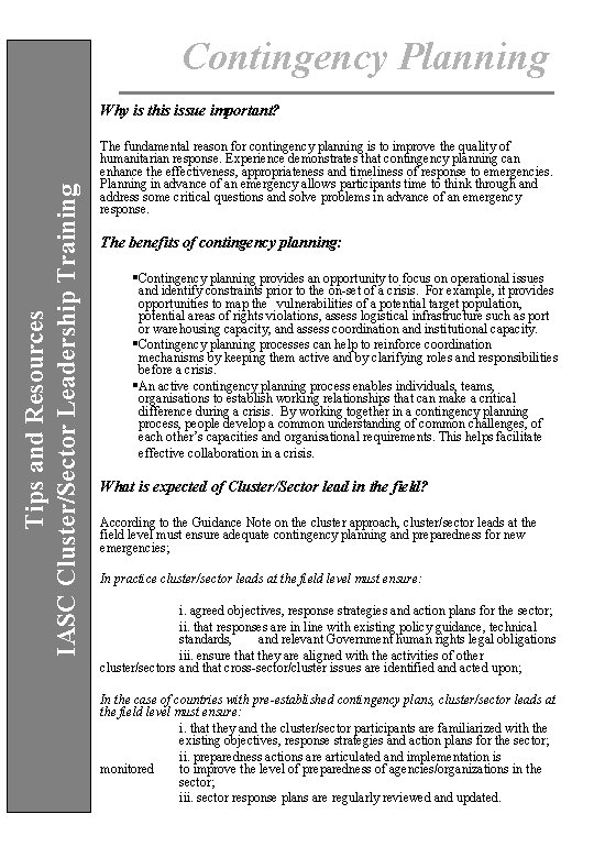 Contingency Planning Tips and Resources IASC ClusterSector Leadership