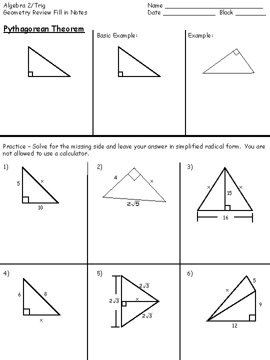 Algebra 2Trig Geometry Review Fill in Notes Pythagorean