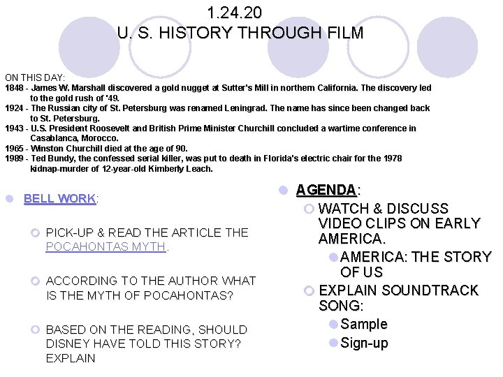 1 24 20 U S HISTORY THROUGH FILM