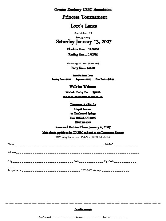 Greater Danbury USBC Association Princess Tournament Lores Lanes