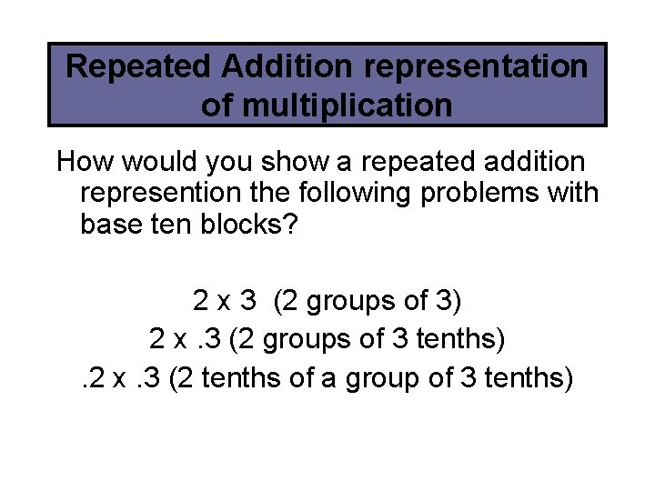 Overview Multiplication of whole numbers and decimals Share