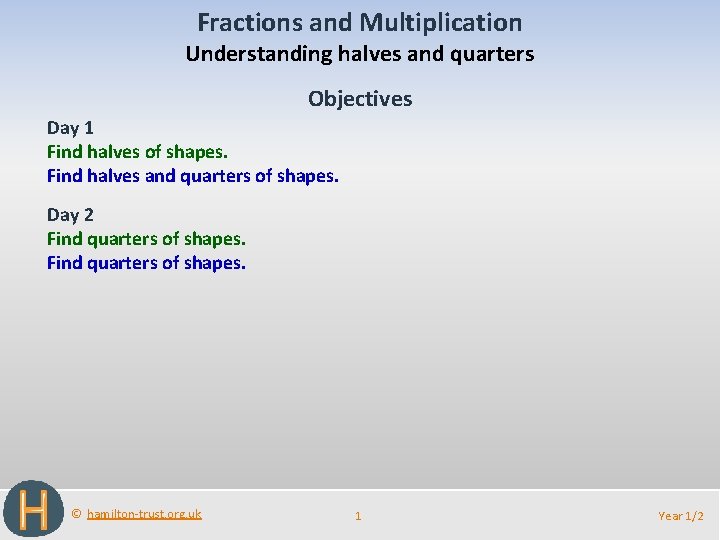 Fractions and Multiplication Understanding halves and quarters Objectives