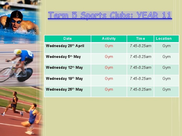 Term 5 Sports Clubs YEAR 7 Date Activity