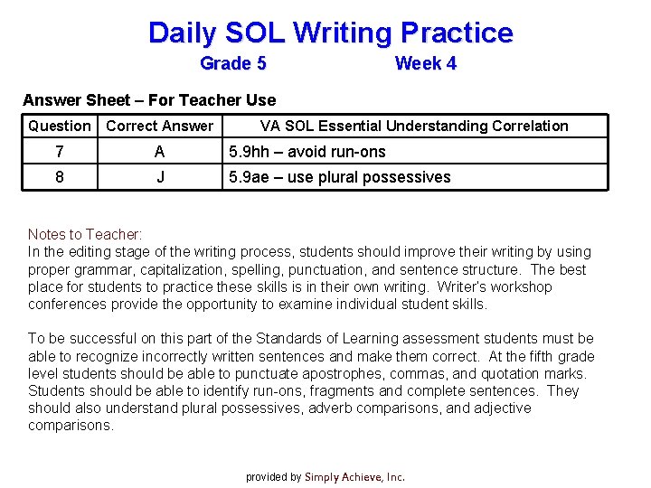 Daily SOL Writing Practice Grade 5 Week 4