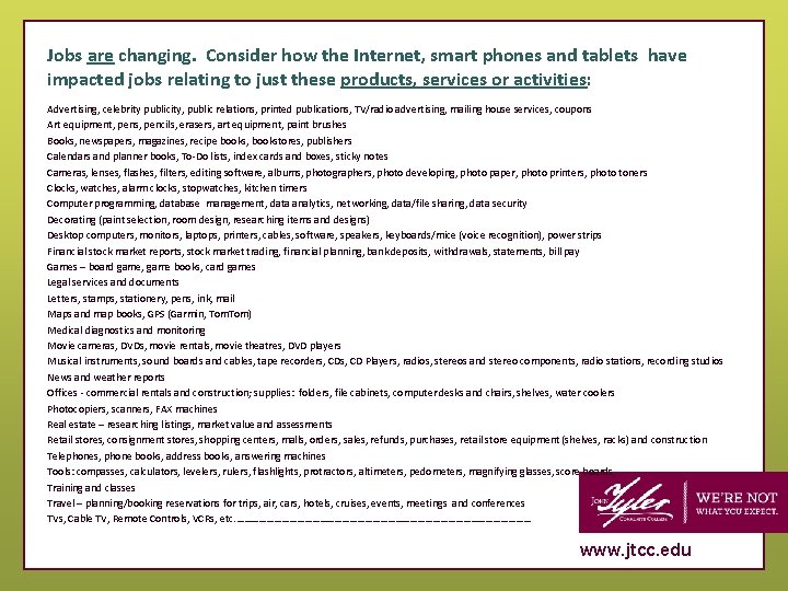 Jobs are changing Consider how the Internet smart