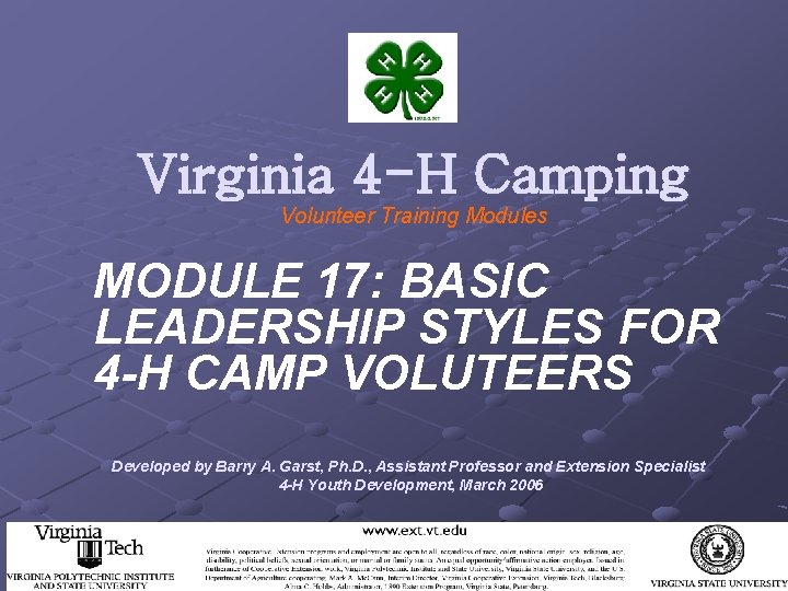 Virginia 4 H Camping Volunteer Training Modules MODULE