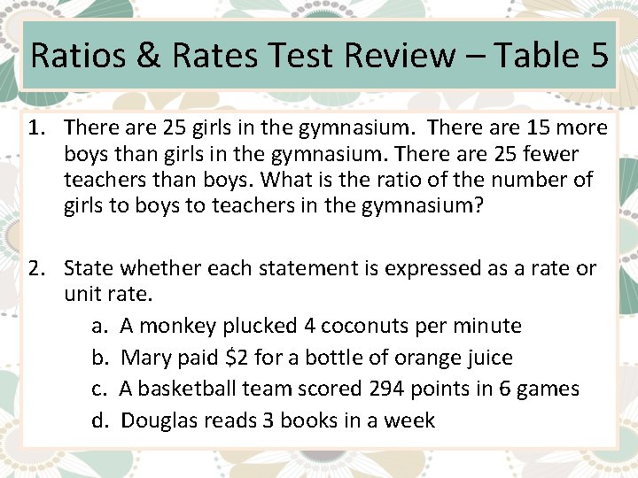 Ratios Rates Test Review Table 1 1 Write