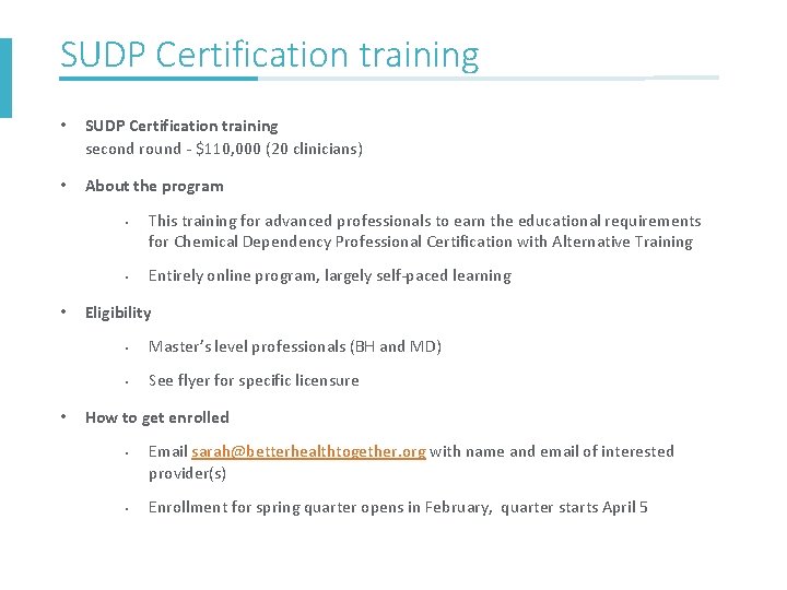 AGENDA BHT BH Workforce Initiatives SUDP Certification training