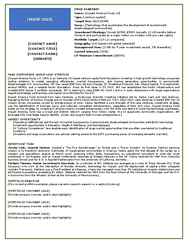 FUND SNAPSHOT Name Impact America Fund LP INSERT