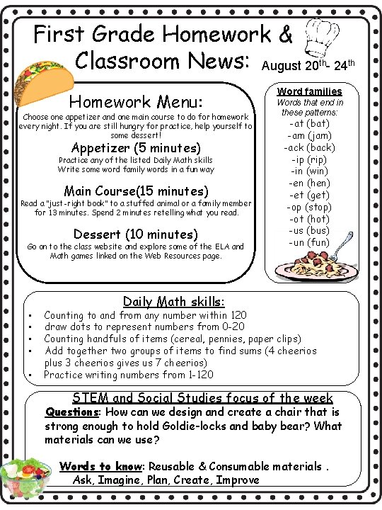 First Grade Homework Classroom News August 20 Homework