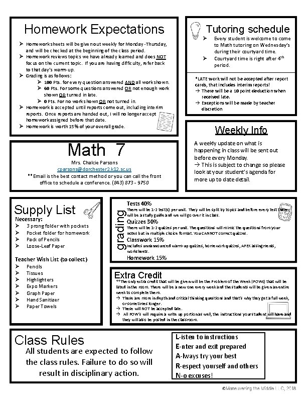 Homework Expectations Homework sheets will be given out