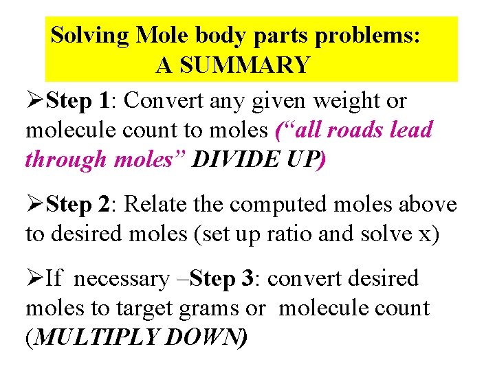 Solving Mole body parts problems A SUMMARY Step