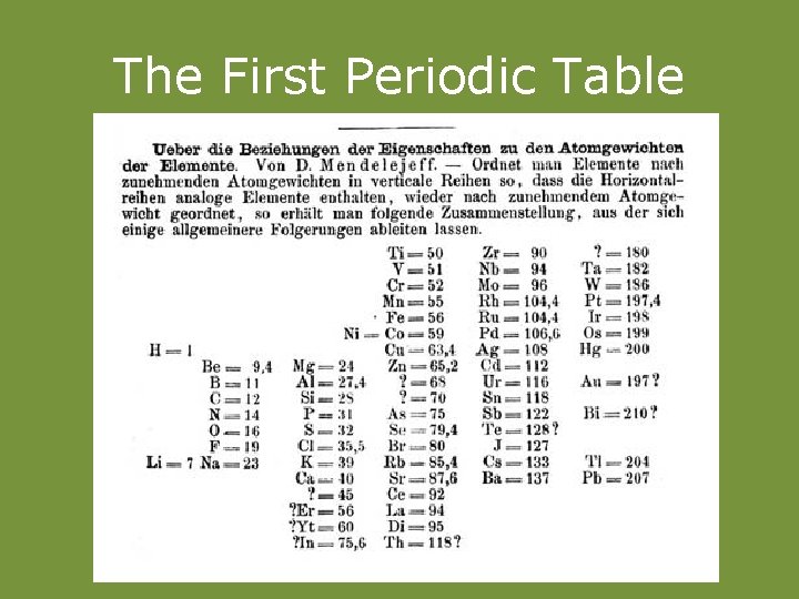 THE PERIODIC TABLE The Big Questions Who developed