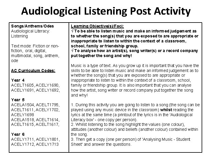 Audiological Listening Post Activity SongsAnthemsOdes Audiological ...