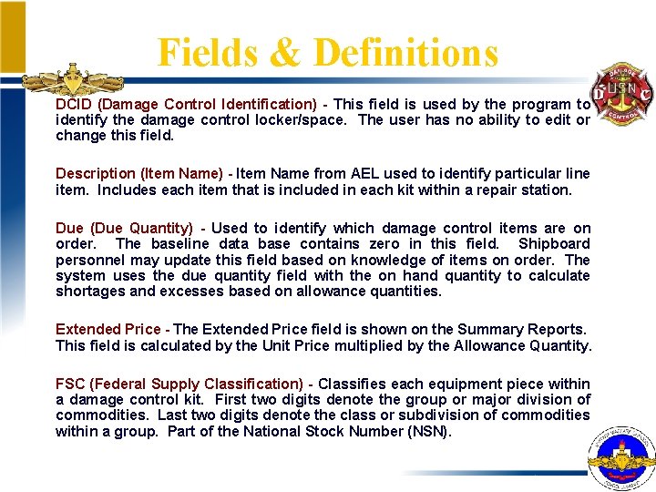 DCOSIMS Training Overview Unit 1 14 Damage Control