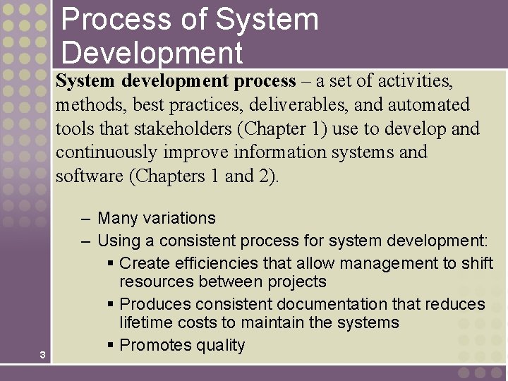 Ch 3 Information Systems Development Objectives Describe the