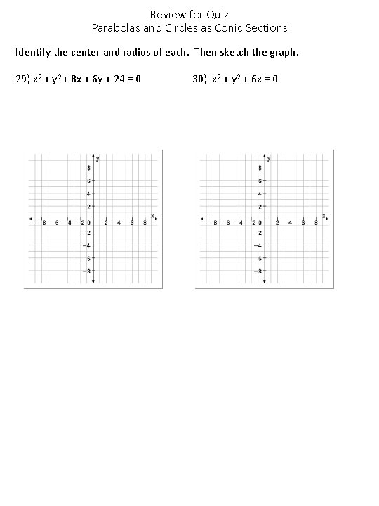 Review for Quiz Parabolas and Circles as Conic