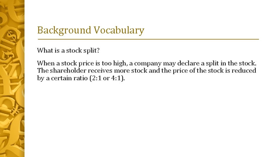Investment Stocks Background Vocabulary What is a stock