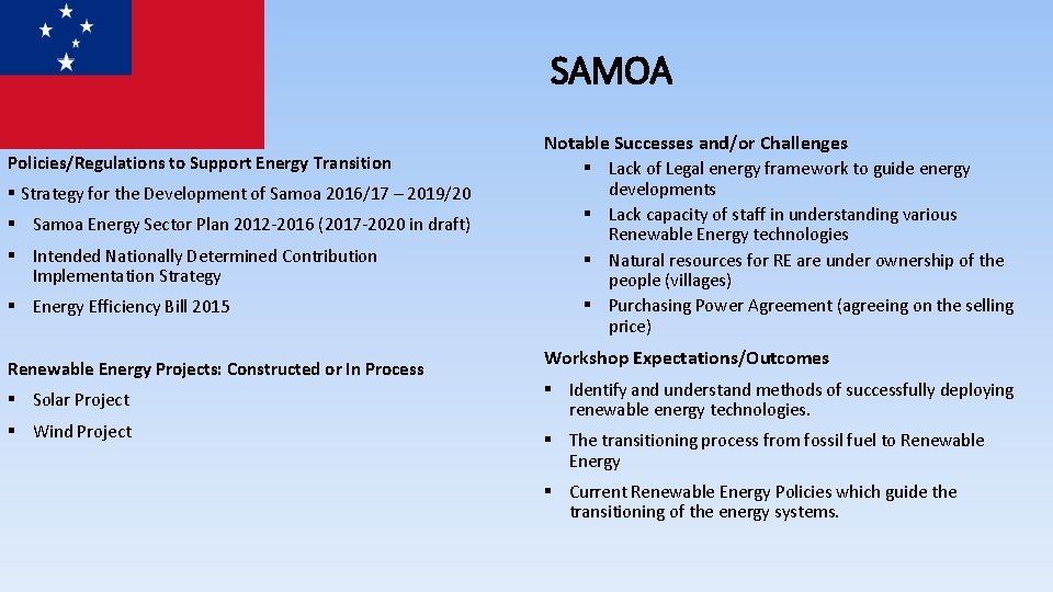 SAMOA PoliciesRegulations to Support Energy Transition Strategy for