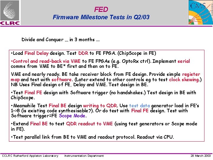FED Project Plan 2003 FED Project aiming to