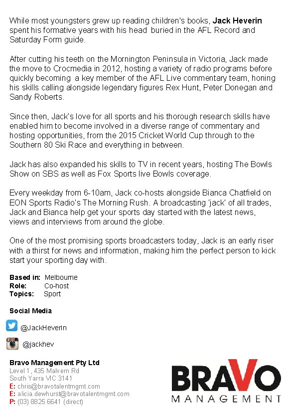 Jack Heverin Bravo Management Pty Ltd Level 1