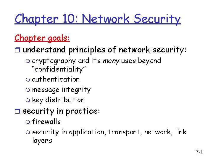 Chapter 10 Network Security Chapter goals r understand