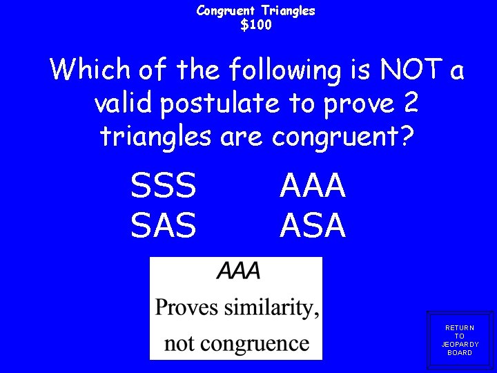 JEOPARDY Reflections and Rotations Translations and Compositions Congruent