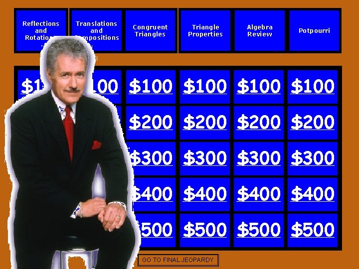 JEOPARDY Reflections and Rotations Translations and Compositions Congruent