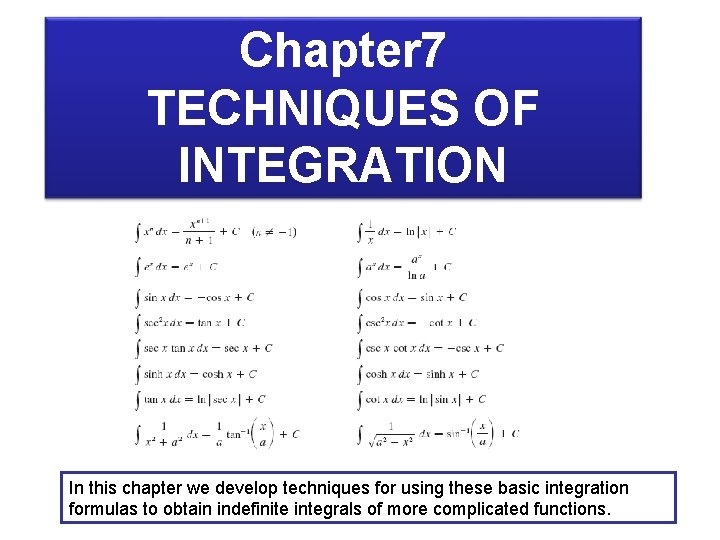Chapter 7 TECHNIQUES OF INTEGRATION In this chapter
