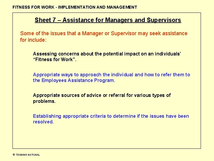 FITNESS FOR WORK IMPLEMENTATION AND MANAGEMENT Sheet 1