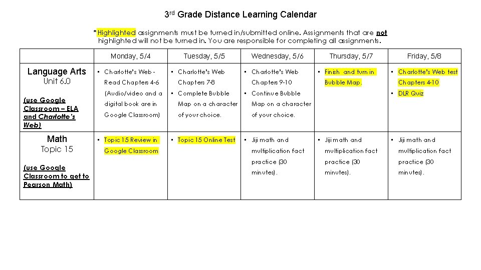 3 rd Grade Distance Learning Calendar Highlighted assignments