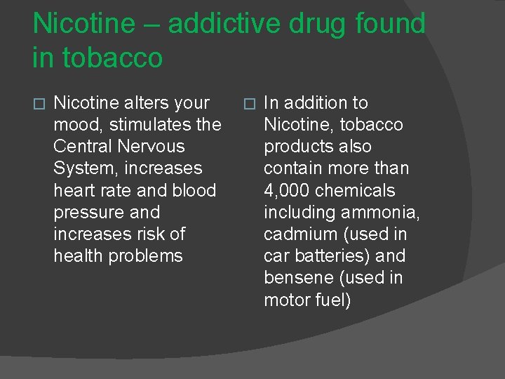 ALCOHOL TOBACCO PRESENTATION Alcohol A drug made from