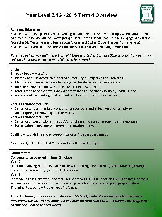 Year Level 34 G 2015 Term 4 Overview