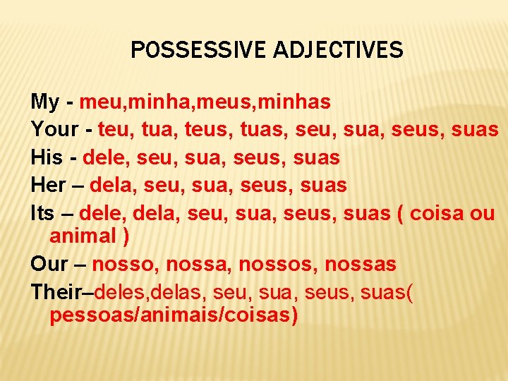 POSSESSIVE ADJECTIVES My meu minha meus minhas Your