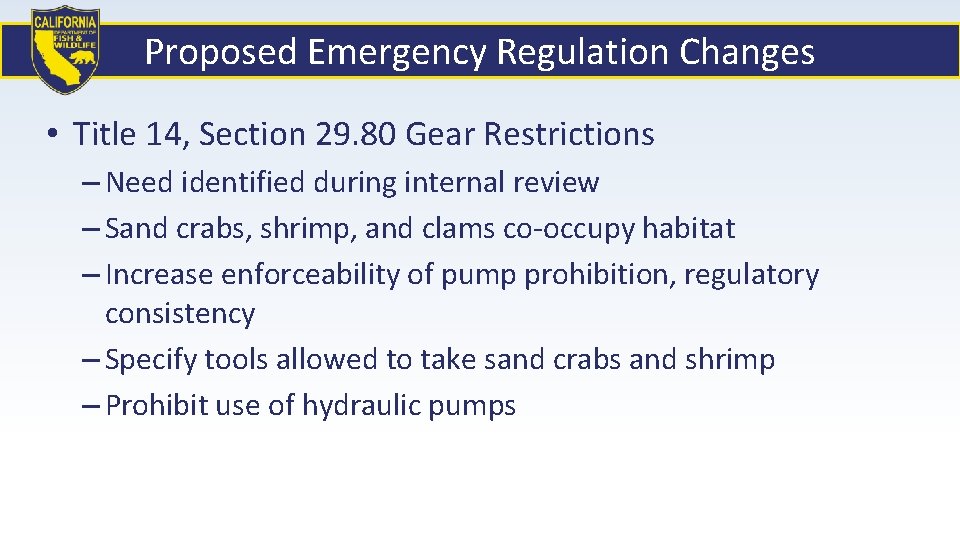 Emergency Regulation Recreational Clams Sand Crabs and Shrimp