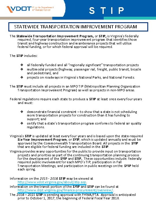 S T I P STATEWIDE TRANSPORTATION IMPROVEMENT PROGRAM
