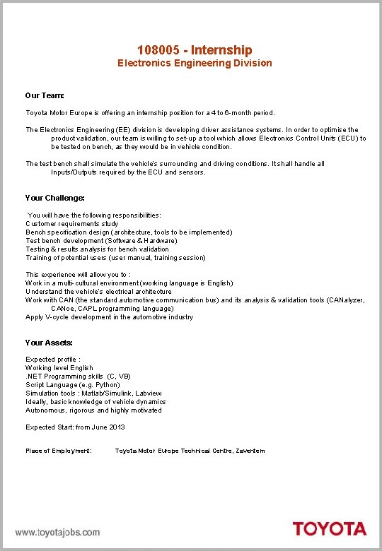 108005 Internship Electronics Engineering Division Our Team Toyota