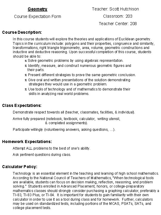 Geometry Course Expectation Form Teacher Scott Hutchison Classroom