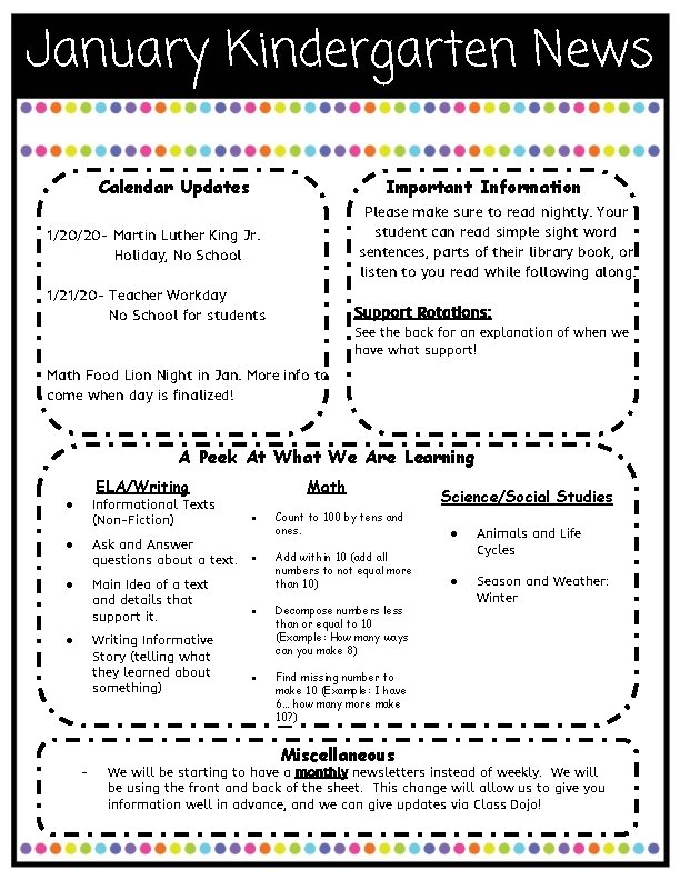 January Kindergarten News Calendar Updates Important Information Please