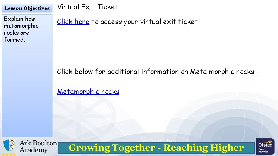 Metamorphic rocks Lesson Objectives Explain how metamorphic rocks
