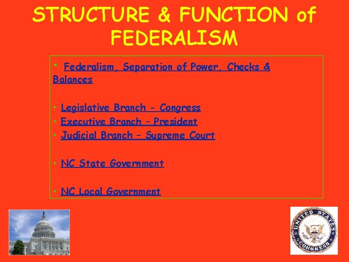 STRUCTURE FUNCTION of FEDERALISM Federalism Separation of Power