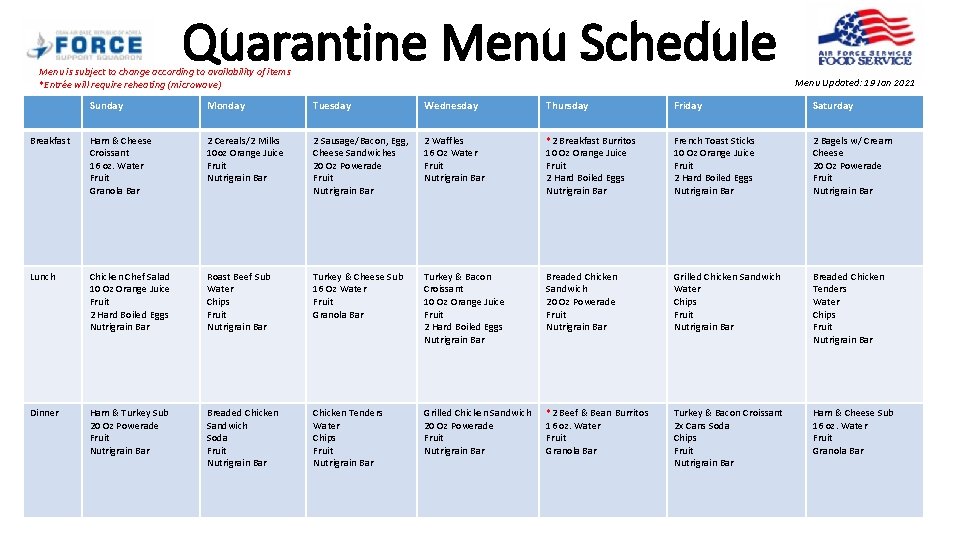 Quarantine Menu Schedule Menu is subject to change