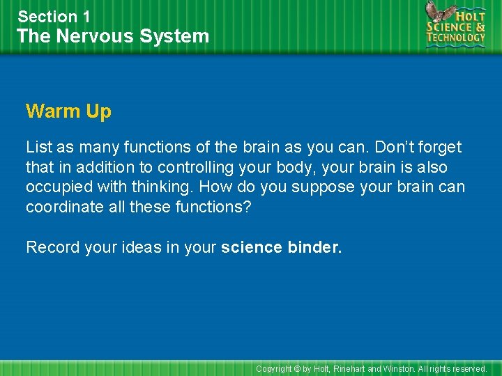 Section 1 The Nervous System Warm Up List