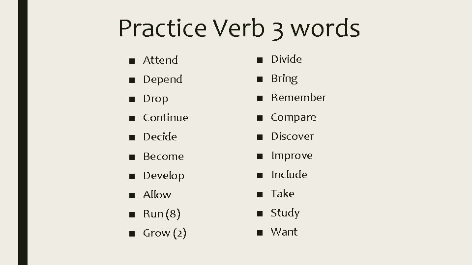 VERBS List Vocabulary and Sentences Verb 2 and
